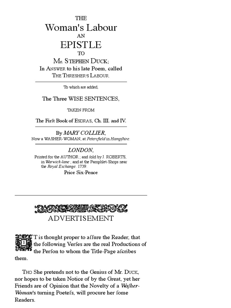 Τhe Woman's Labour: An Epistle to Mr. Stephen Duck | PDF