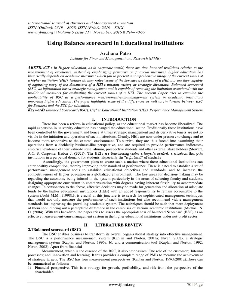 Using Balance Scorecard in Educational Institutions | PDF