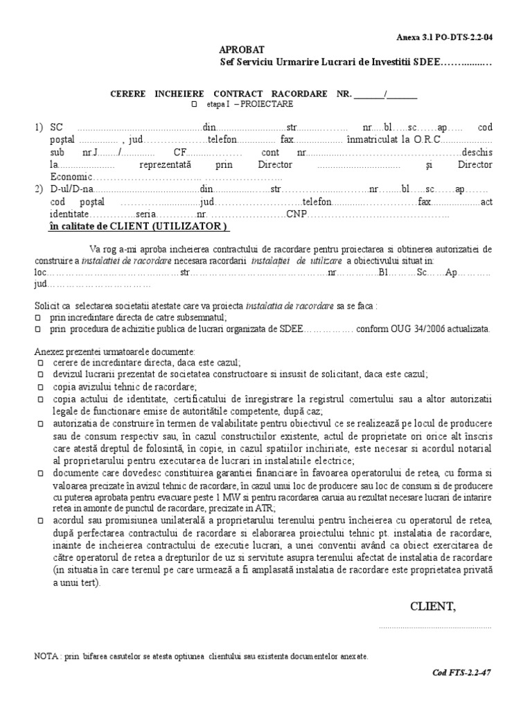 Anexa 3.1 Cerere Incheiere Contract Racordare Xproiectarex | PDF
