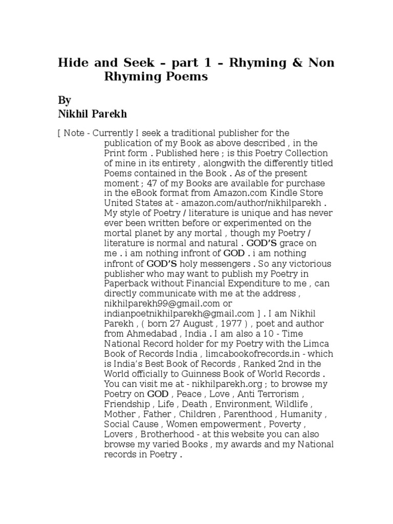 Hide and Seek - Part 1 - Rhyming & Non Rhyming Poems | PDF | Poetry | Sky