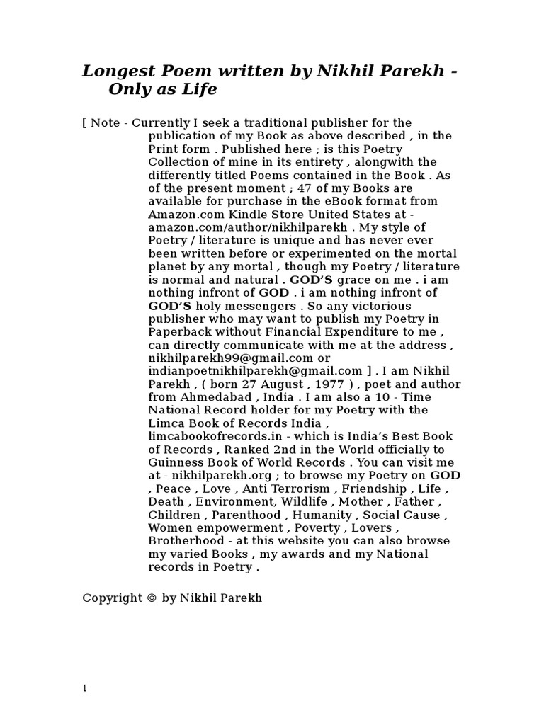 Longest Poem Written by Nikhil Parekh - Only As Life | PDF | Poetry ...