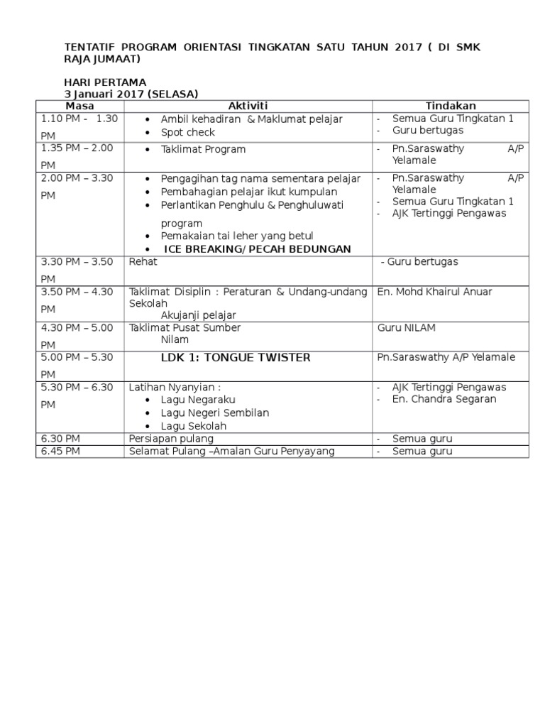 Tentatif Program Orientasi Tingkatan Satu Tahun 2017 Edit | PDF