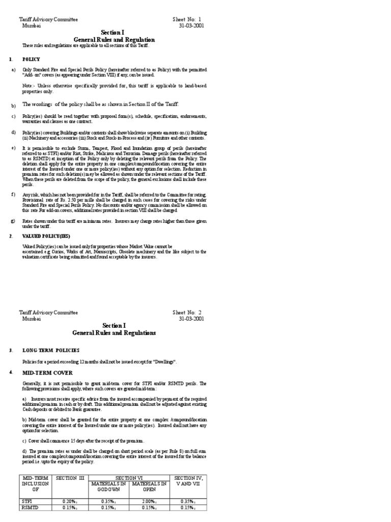 Fire Insurance Tariff Regulations 2001 | PDF | Deductible | Insurance ...