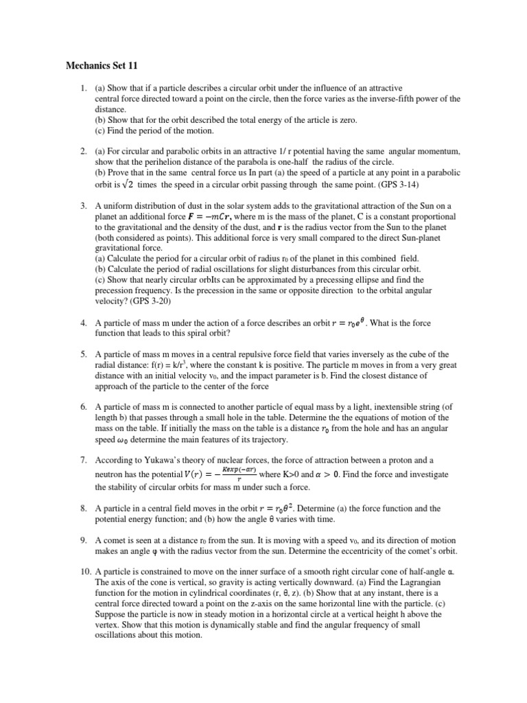 Mechanics Problem Set - 11 | PDF | Orbit | Force