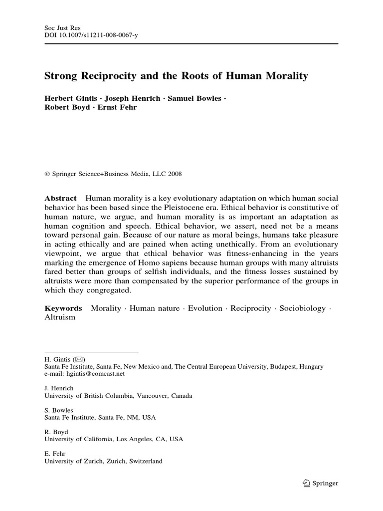 Strong Reciprocity and The Roots of Human Morality: Ó Springer Science ...