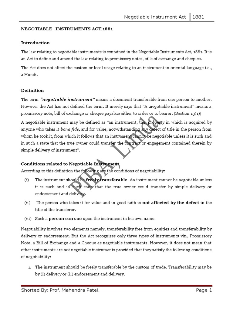 Negotiable Instrument Act | PDF | Negotiable Instrument | Cheque