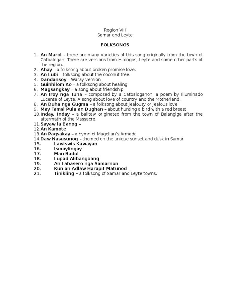 Region VIII Folk Songs Overview | PDF