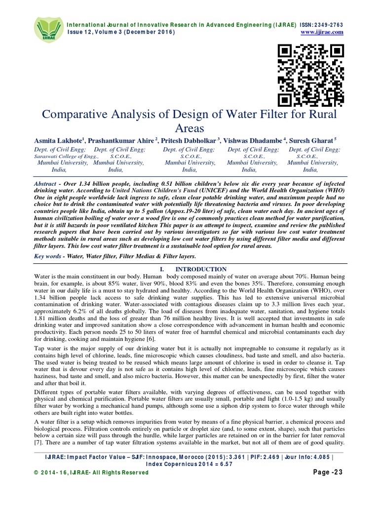 Comparative Analysis of Design of Water Filter For Rural Areas | PDF ...
