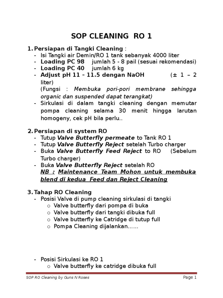 Sop Cleaning Ro 1 | PDF | Sains & Matematika