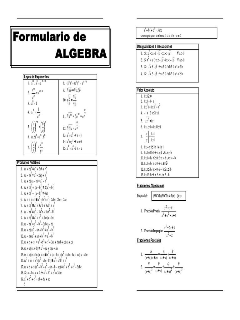 Formulario Algebra | PDF | Equations | Mathematical Concepts
