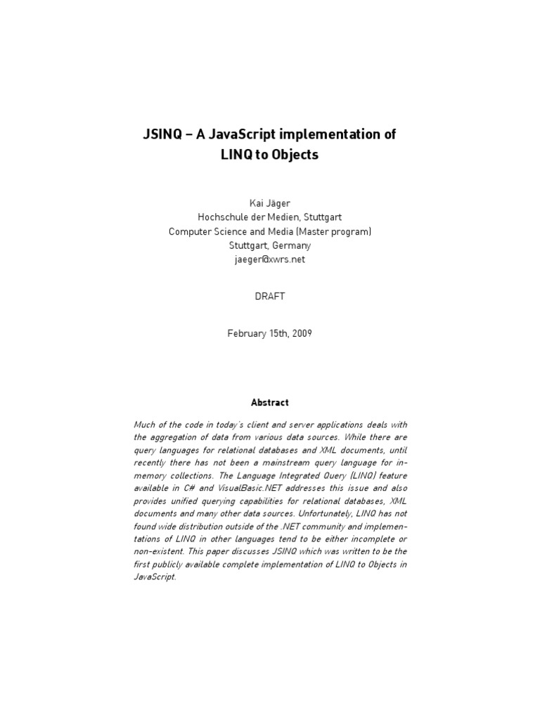 Jsinq A Javascript Implementation Of Linq To Objects Pdf Language Integrated Query C Sharp