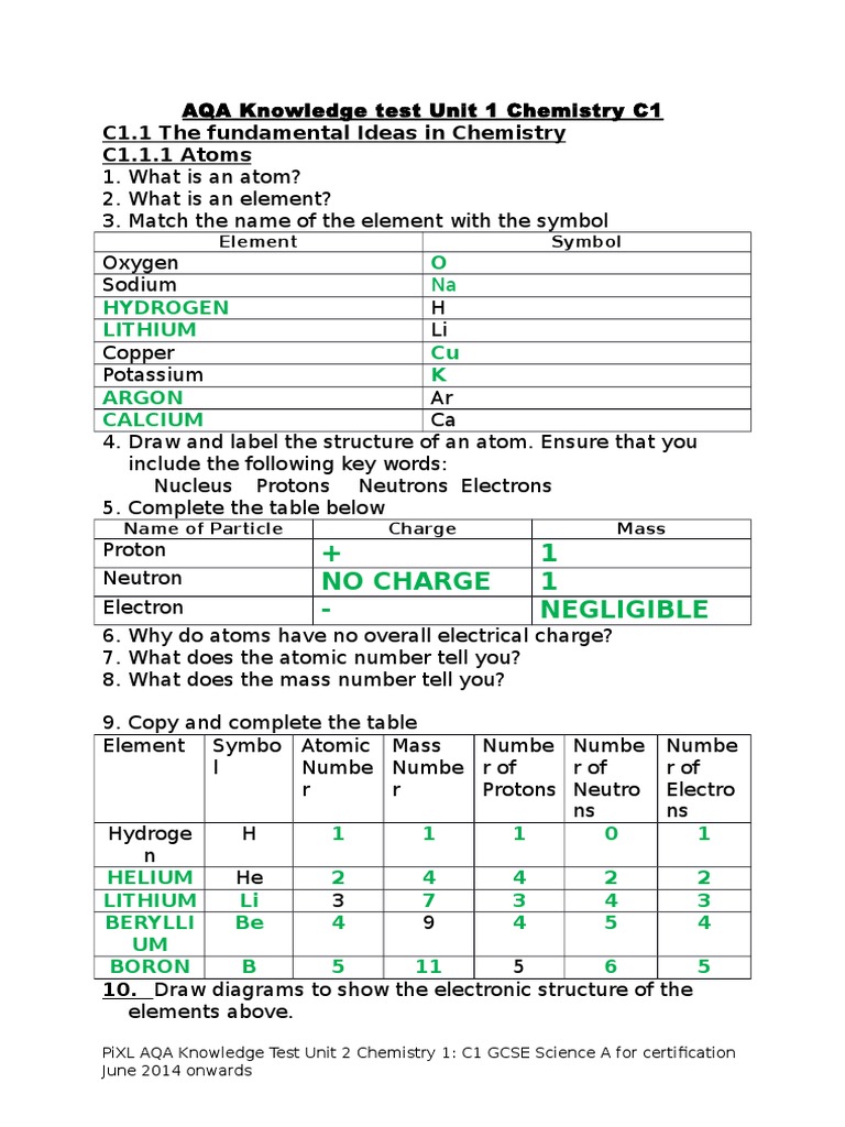 Pixl Knowledge Test Answers - Aqa c1 Core Science - Legacy 2016 and ...