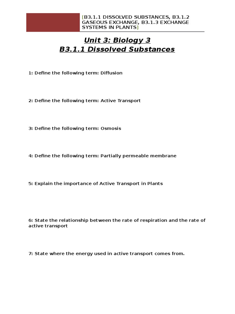 b3 Pixl Exchange of Materials Test | PDF | Stoma | Osmosis