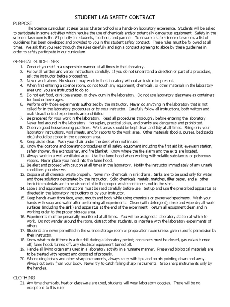 Student Lab Safety Contract: Purpose | PDF | Laboratories | Ac Power ...