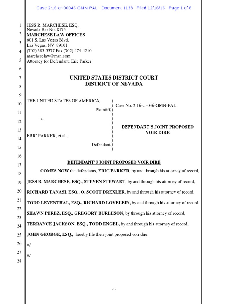 Parker (1138) Defendants Proposed Voir Dire Jury Questions | PDF ...