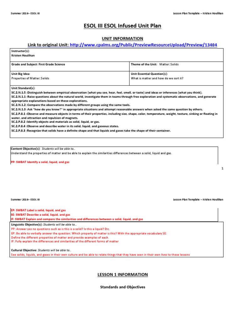 Esol 3 Unit Plan Modification | PDF | Lesson Plan | Educational Assessment