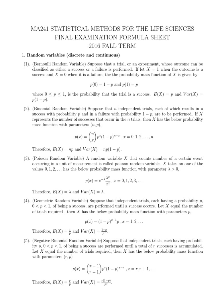 MA241 F16 FinalExam Formula Sheet | PDF | Poisson Distribution ...