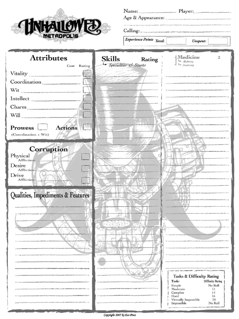 Unhallowed Metropolis Character Sheet PDF | PDF