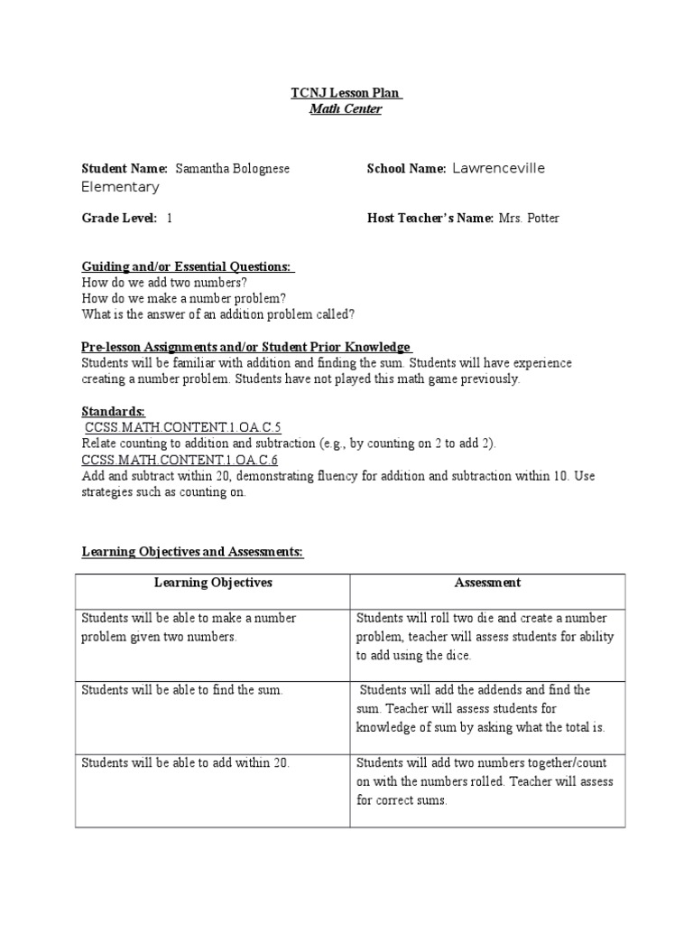 Math Center Lesson Plan | PDF | Dice | Lesson Plan