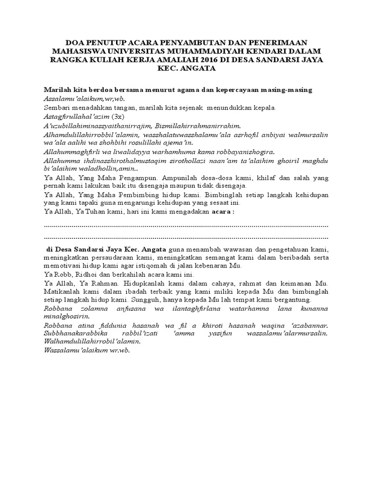 Doa Penutup Acara Penyambutan Dan Penerimaan Mahasiswa Universitas ...