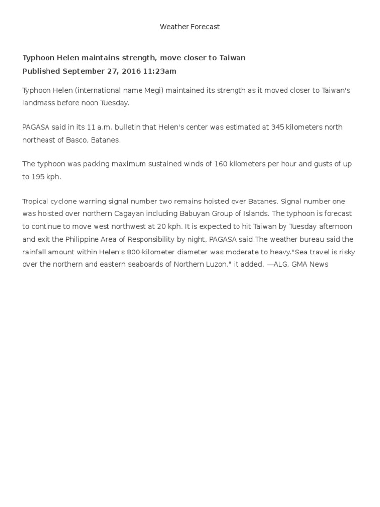 Typhoon Helen Maintains Strength, Move Closer To Taiwan Published ...