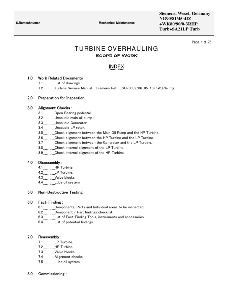 Siement Turbine Over Hauling Procedure | PDF | Screw | Valve