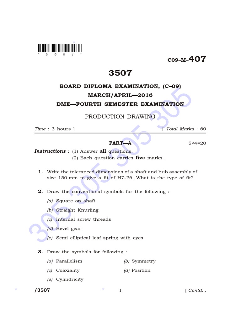 DME - Production Drawing - Previous Question Paper | PDF