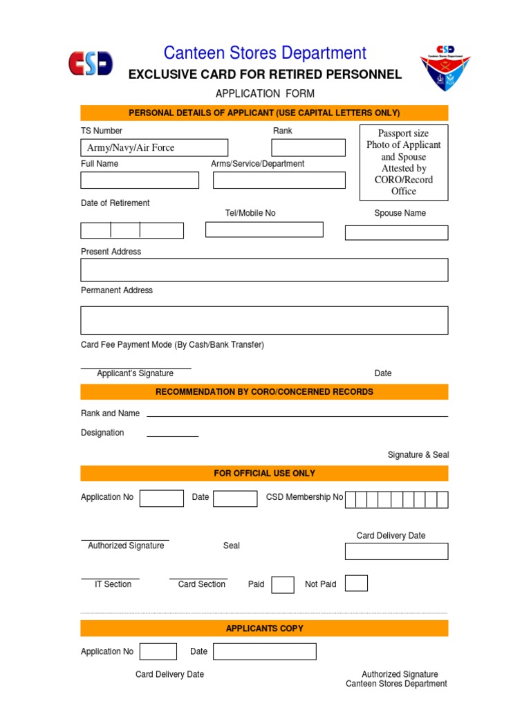 Exclusive Card Application Form - Retired Personnel | PDF