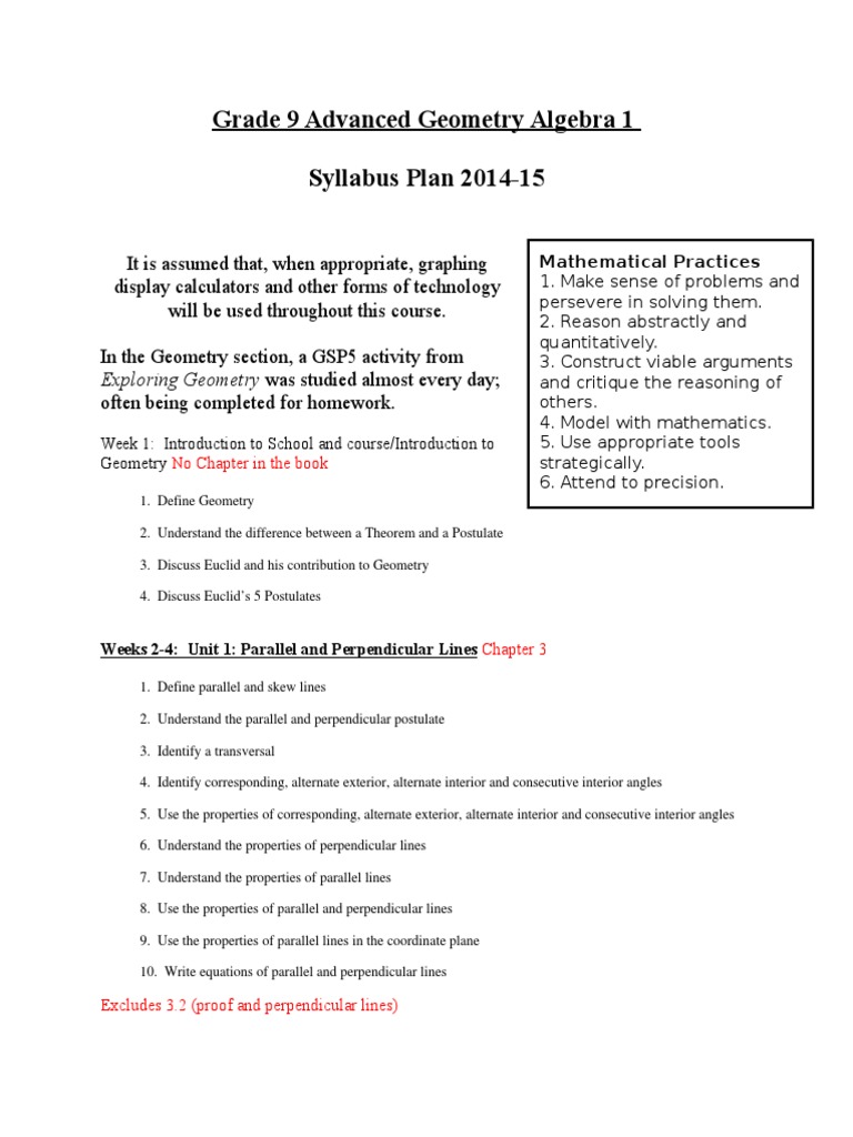 Grade 9 Advanced Geometry Algebra 1 Course Plan | Download Free PDF ...