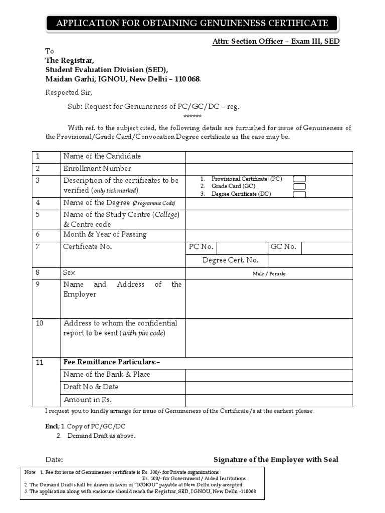 Genuineness Certificate Application Form | PDF | Learning | Business