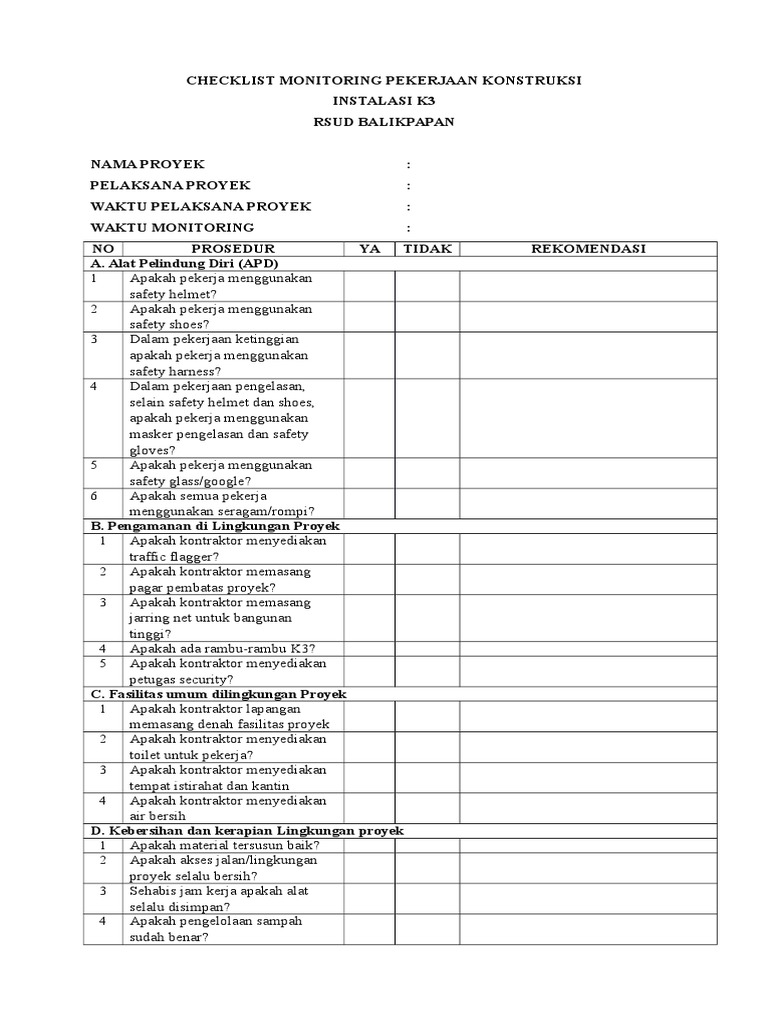 Checklist Monitoring Pekerjaan Konstruksi