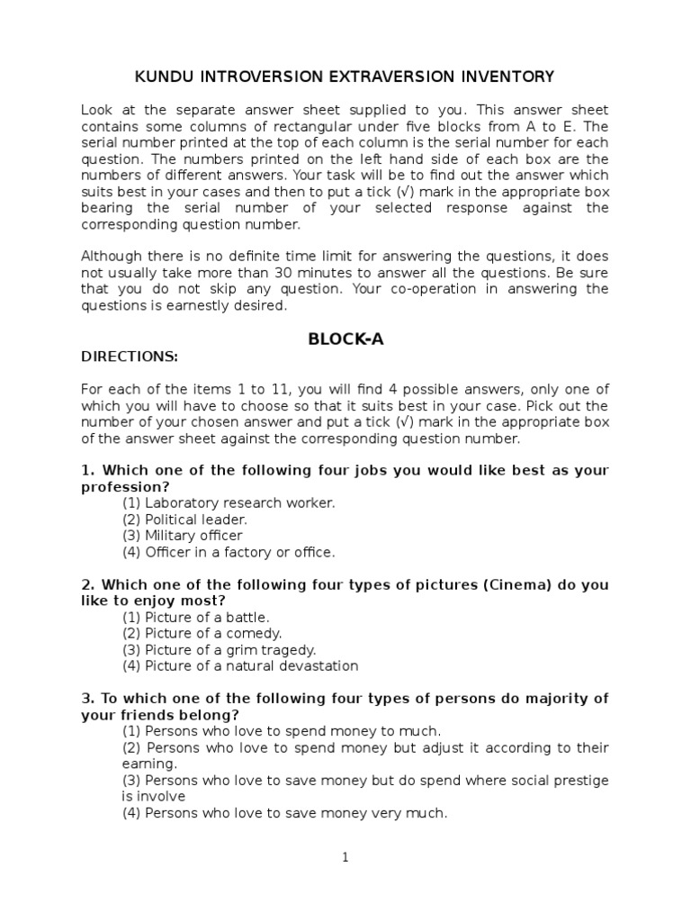 Kundu Introversion Extraversion Inventory | PDF | Teachers | Teaching And Learning