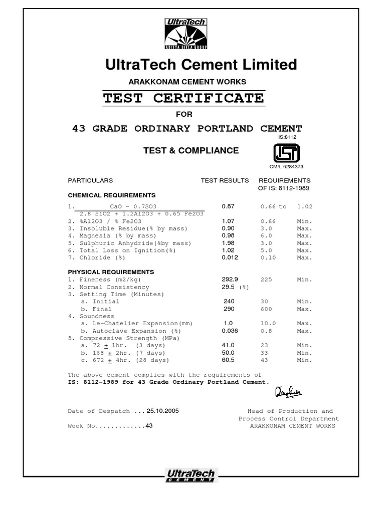 Test Certificate: Ultratech Cement Limited | PDF | Computers ...