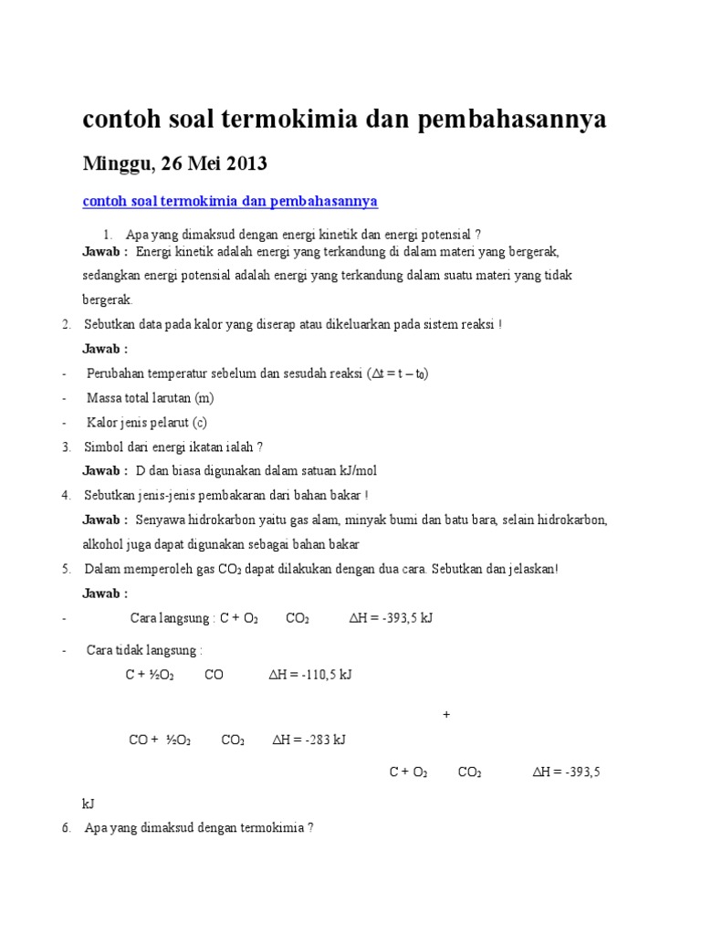 Contoh Soal Termokimia Dan Pembahasannya | PDF