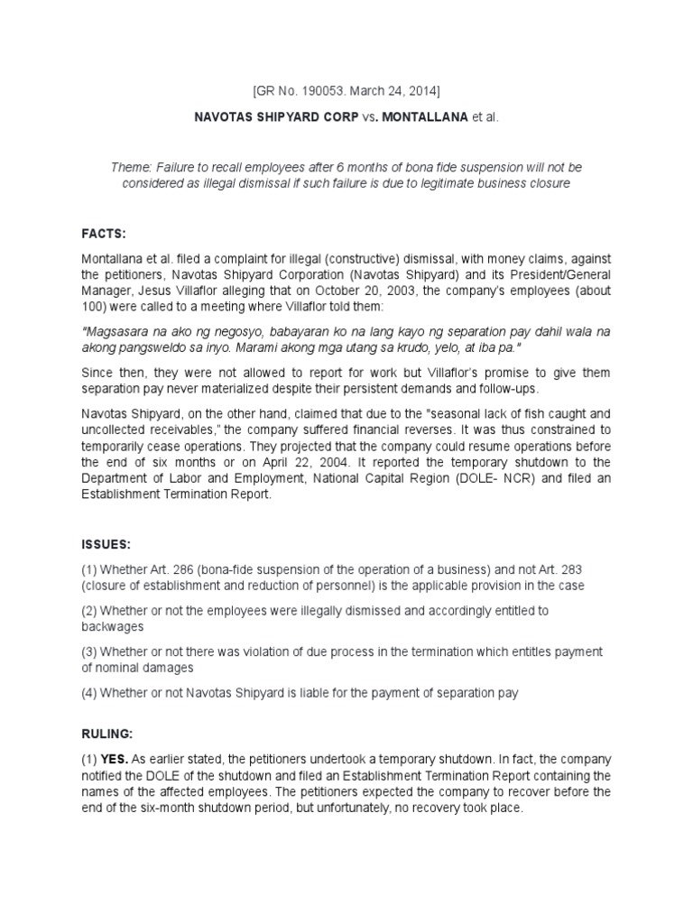 Navotas Shipyard Closure Ruling | PDF | Employment | Labour Law