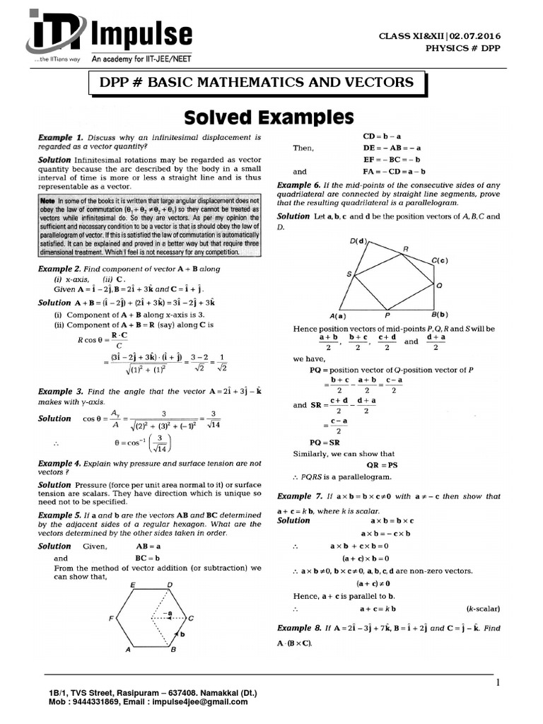 Class Xi & Xii - Physics# DPP (Basic Mathematics & Vectors) - 02.07.2016 | PDF