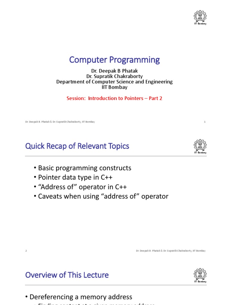 CS101x S430B Introduction To Pointers Part 2 IIT Bombay | PDF | Pointer (Computer Programming ...
