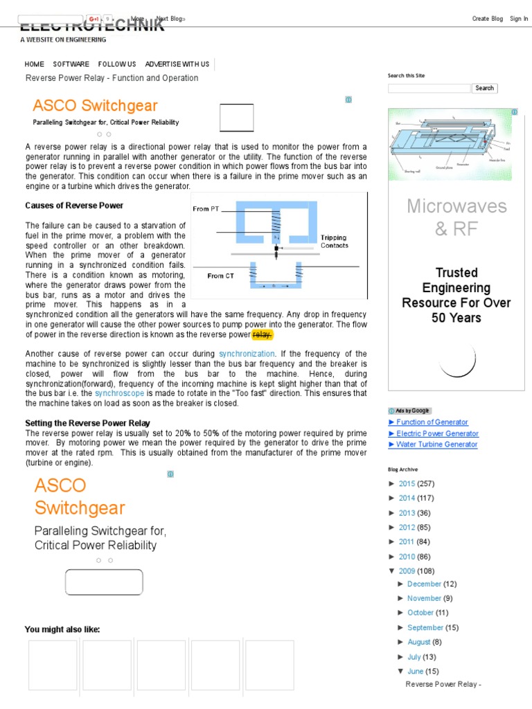Reverse Power Relay - Function and Operation | PDF | Electric Generator ...