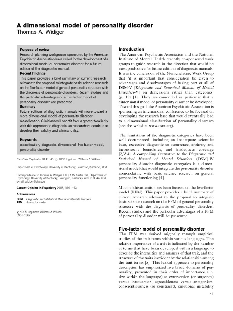 Widiger. A Dimensional Model of Personality Disorder | PDF ...
