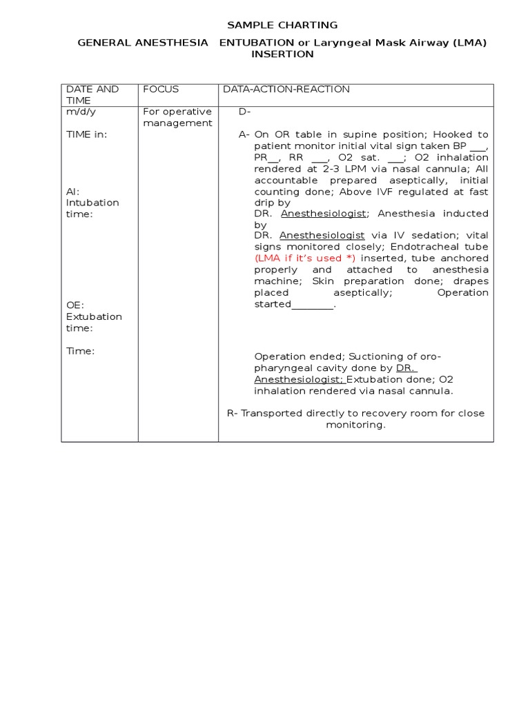 Sample Charting Gen Anesthesia | PDF