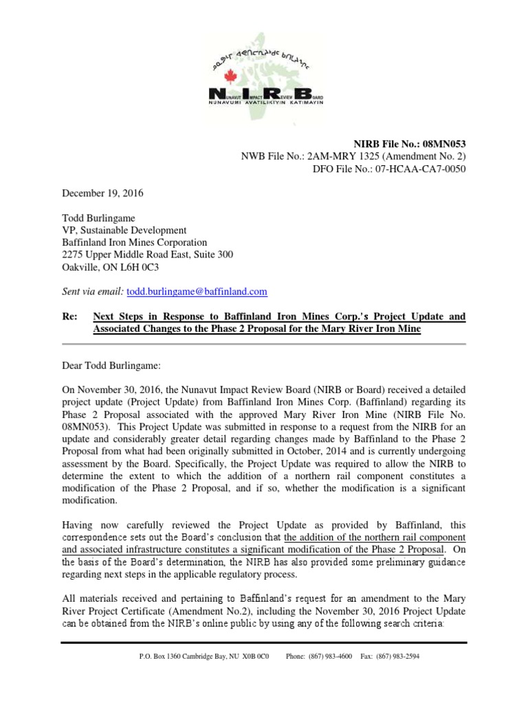 161219-08MN053-NIRB Letter BIMC Re Project Update | PDF | Rail ...