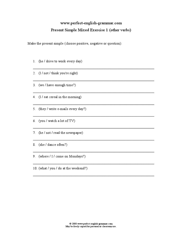 Present Simple Form Mixed Exercise 1 Other Verbs PDF | PDF | Syntax ...