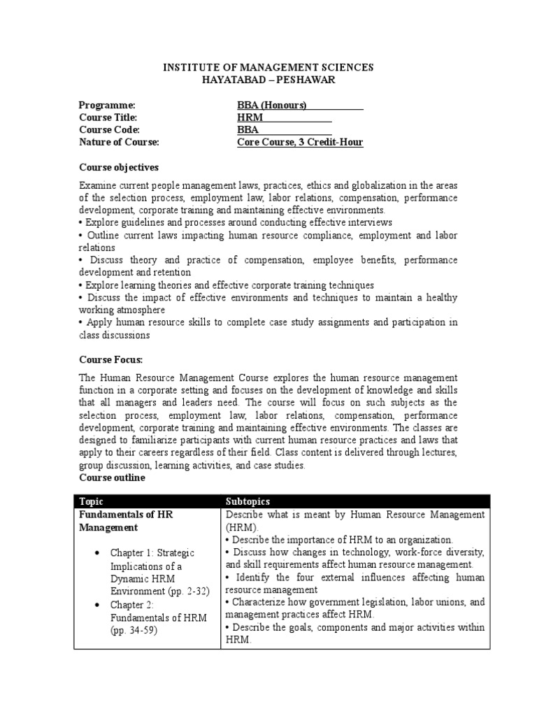 HRM Course Outline (Revised 2016) | PDF