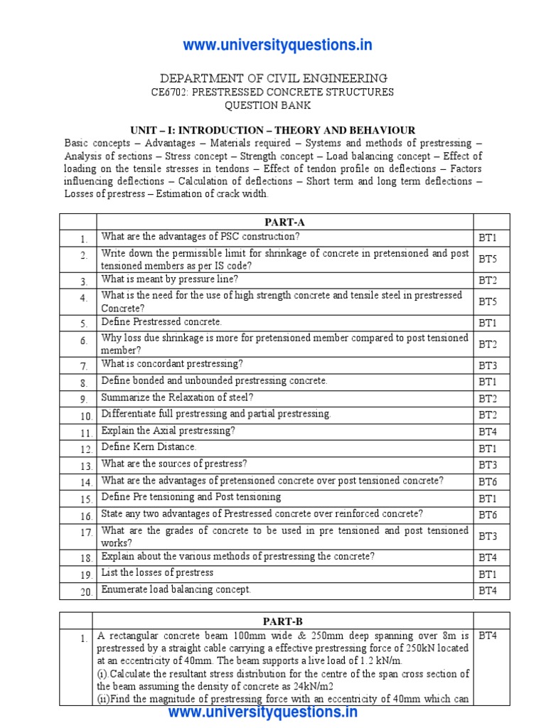 CE6702-Prestressed Concrete Structures Question Bank PDF | PDF ... CE6702-Prestressed Concrete Structures Question Bank PDF | PDF ...