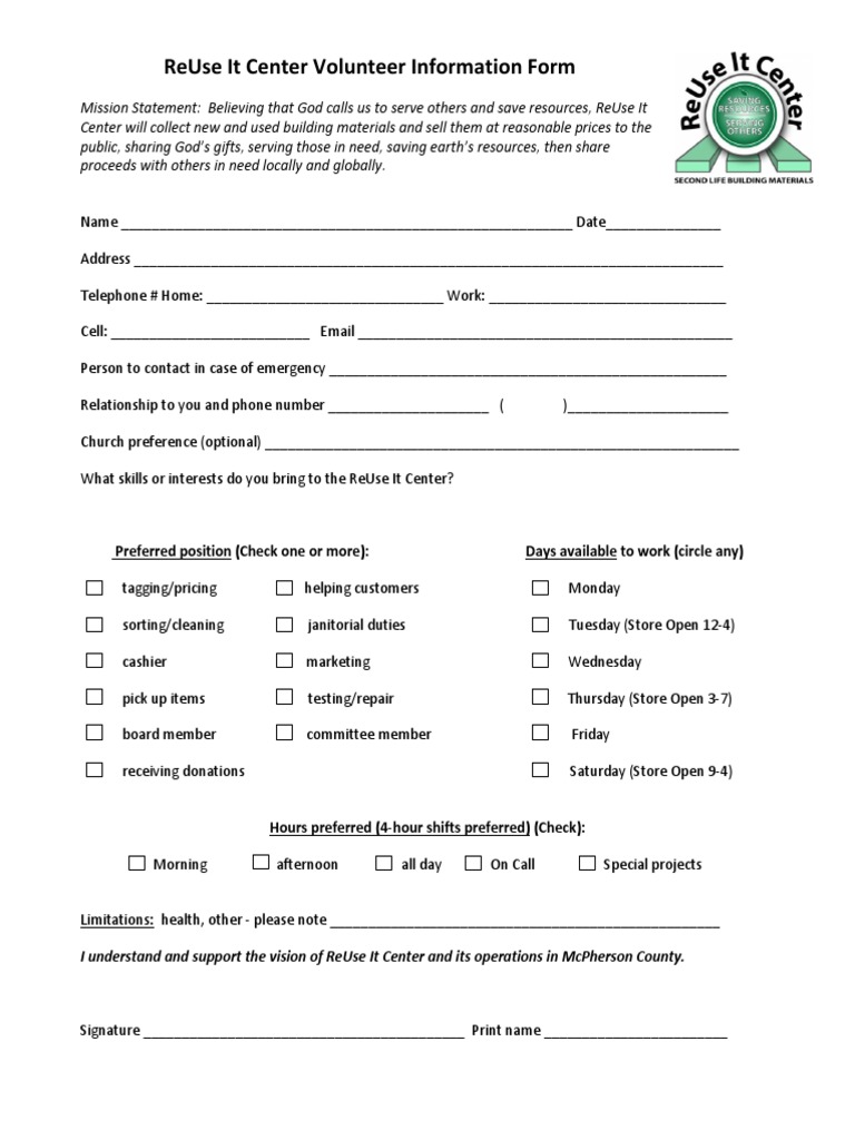 Volunteer Information Form Revised | PDF