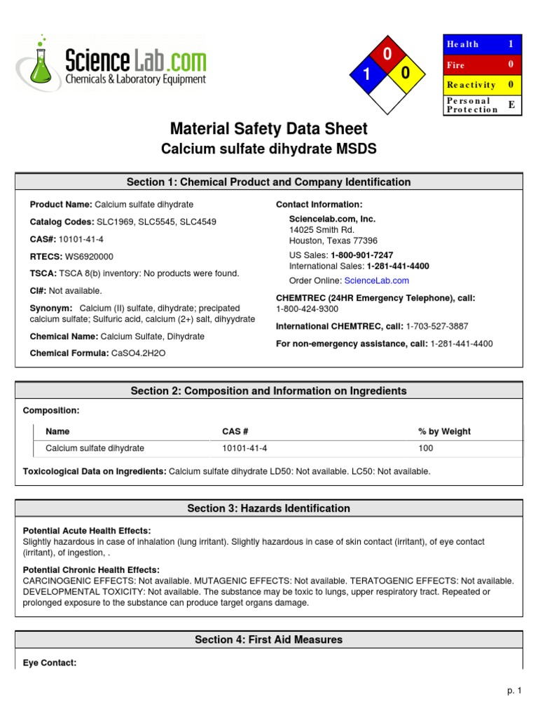MSDS CaSO4 | Toxicity | Water