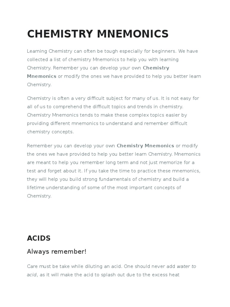 Chemistry Mnemonics | Download Free PDF | Anode | Redox
