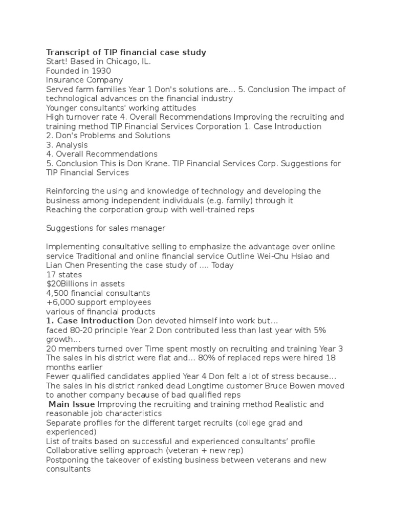Transcript of TIP Financial Case Study | PDF | Sales | Recruitment