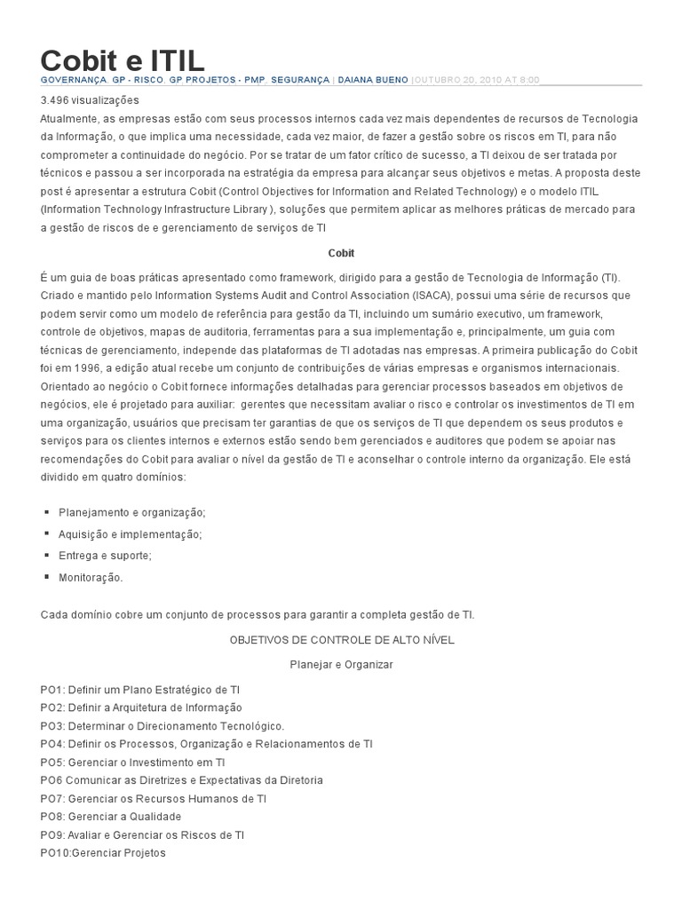 Cobit e ITIL Projetos e TI PDF | PDF | Cobit | Itil