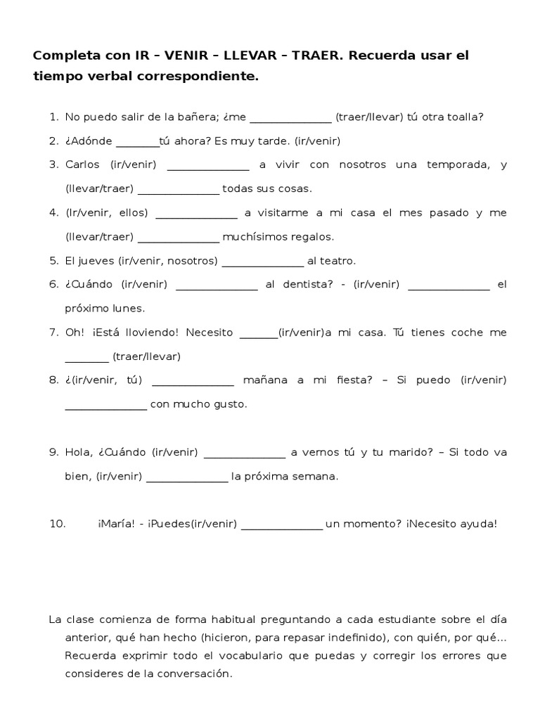Ejercicios de Verbos: Ir, Venir, Llevar, Traer | PDF | Verbo | Lingüística